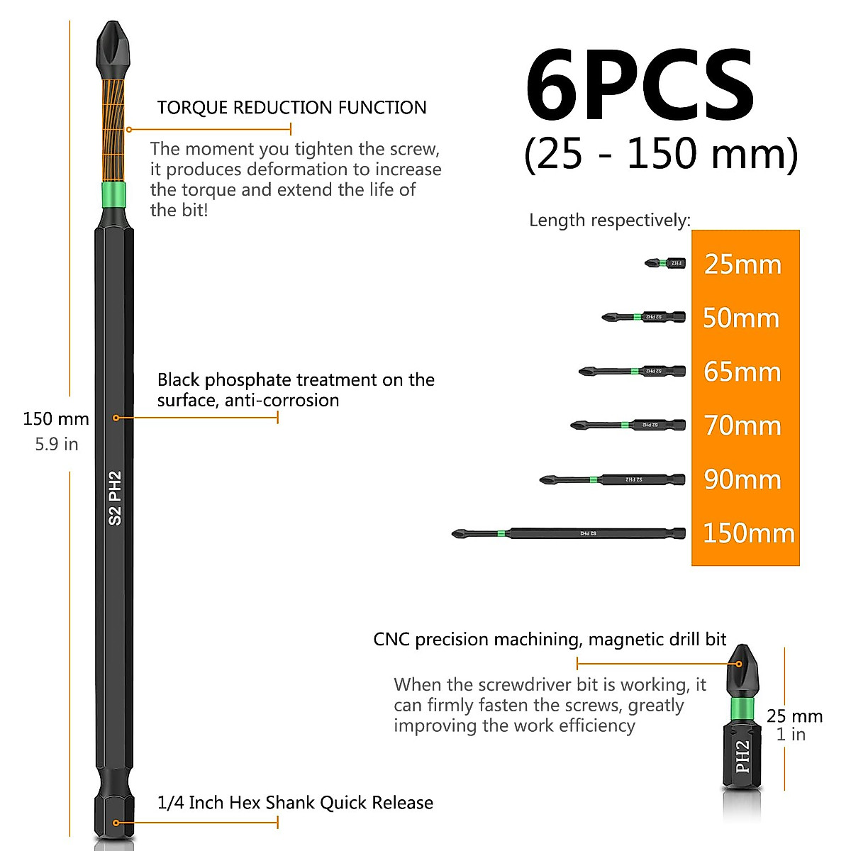 Magnetic Phillips Bits Set - BPQWLF Phillips Impact Bits, Magnetic Phillips Head Drill Bits, 1/4 Inch Hex Shank Quick Release (6PC,25-150mm)