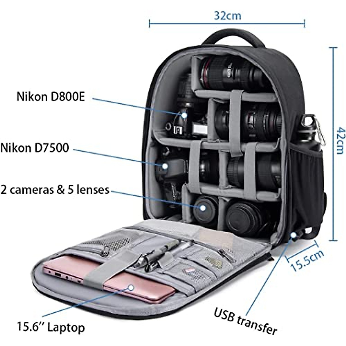 CADeN Camera Backpack Professional DSLR Bag with USB Charging Port Rain Cover, Photography Laptop Backpack for Women Men Waterproof, Camera Case Compatible for Sony Canon Nikon Lens Tripod Accessories