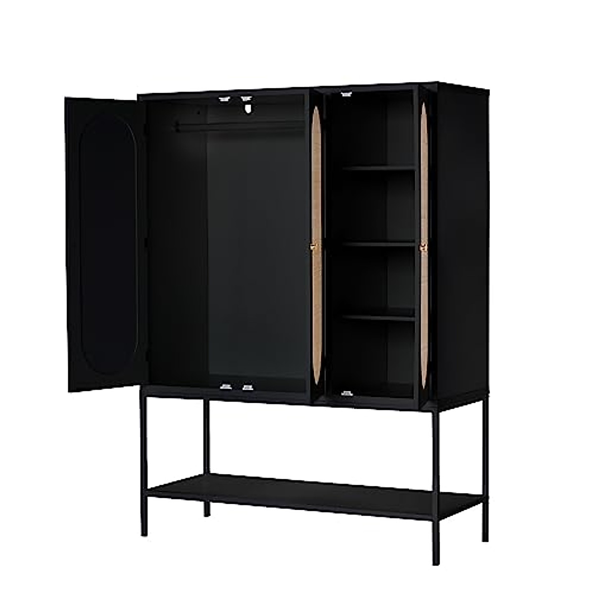 Large Armoire Wardrobe Closet with 3 Doors, Rattan Wardrobe Cabinet with Shelves and Hanging Rail for Clothes, Freestanding Wooden Black Closet for Bedroom, Black (47.24" W x 18.89" D x 62.99" H)