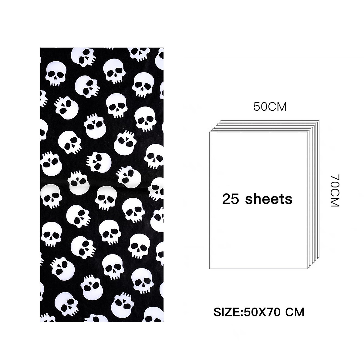 WRAPAHOLIC Halloween Wrapping Tissue Paper - 25 Sheets 19.7x27.5 Inch Black and White Skull Design Bulk for Packing, DIY Crafts