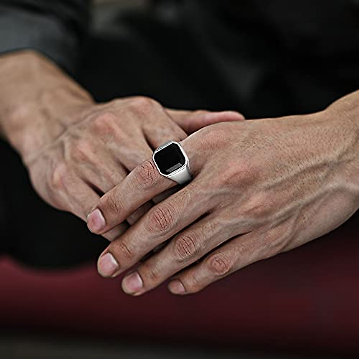 MEALGUET Jewelry Fashion Stainless Steel Signet Ring with Black Agate for Men, Size 10