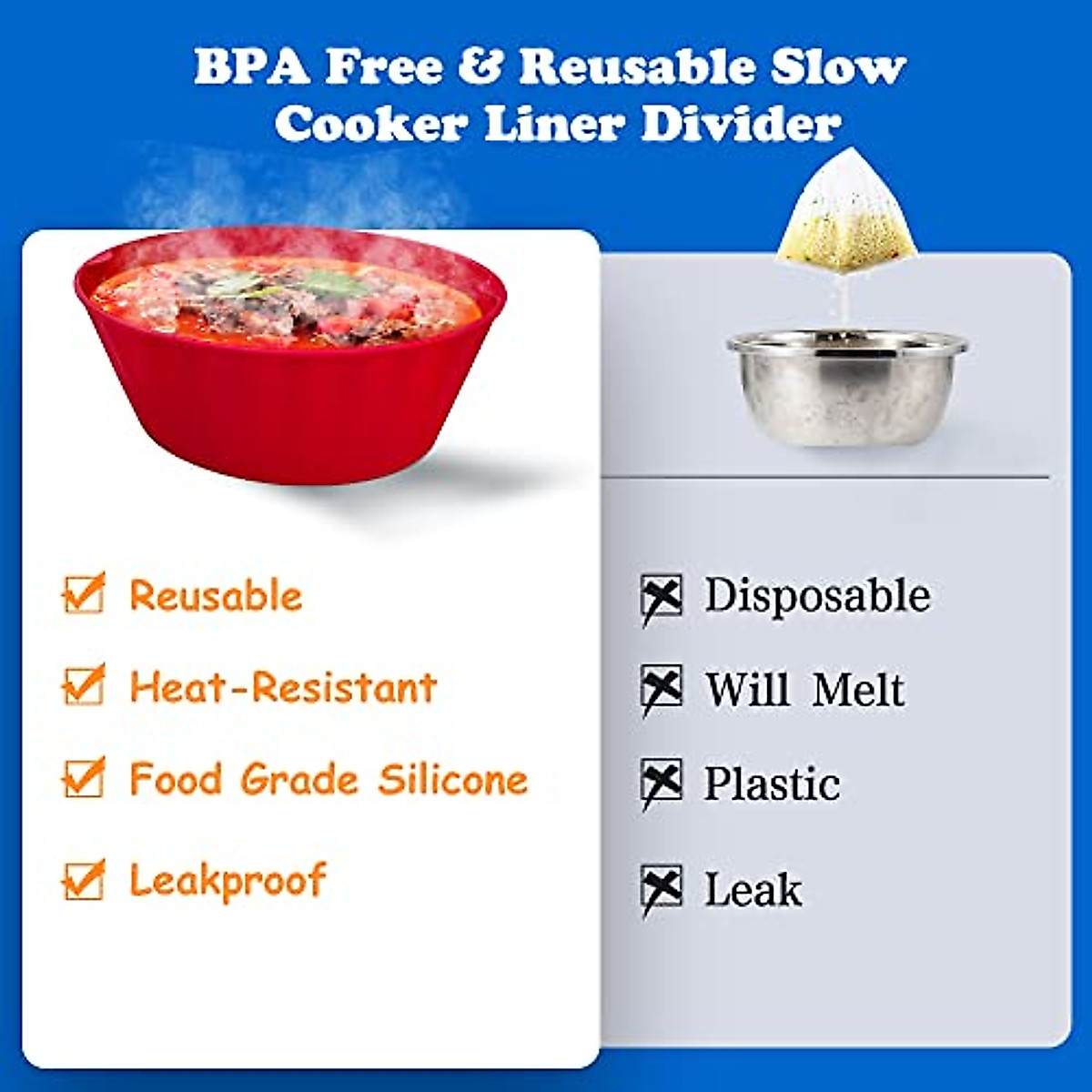 Silicone Slow Cooker Liners fit for 6-7 QT Crockpot, Silicone Slow Cooker Divider Liner, Reusable/BPA Free/Leakproof/Slow Cooker Accessories Cooking Liner for 6-7 Quart Pot - Red