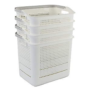 Lesbin 35 L Plastic Laundry Storage Basket, White Laundry Hamper with Handle, 4-Pack