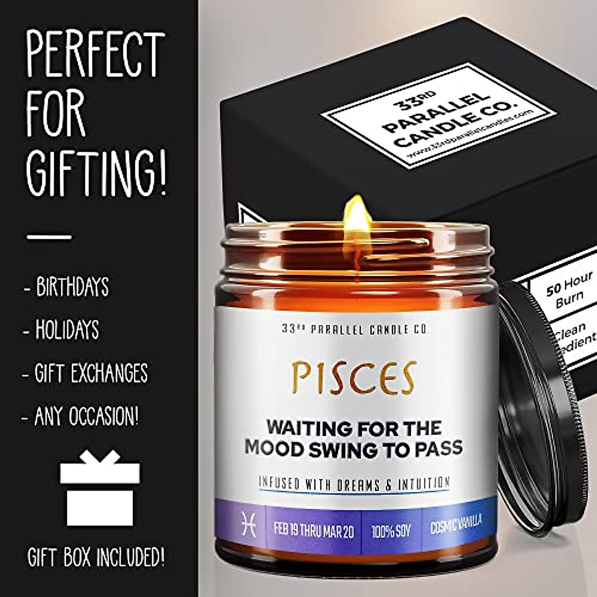 Pisces Gifts for Women, Astrology Gifts for Women, Zodiac Gifts, Pisces Candle, Zodiac Sign Gifts, Unique Candles, Candles Gifts for Women, Birthday Gifts for Women | Hand Crafted USA | 9oz