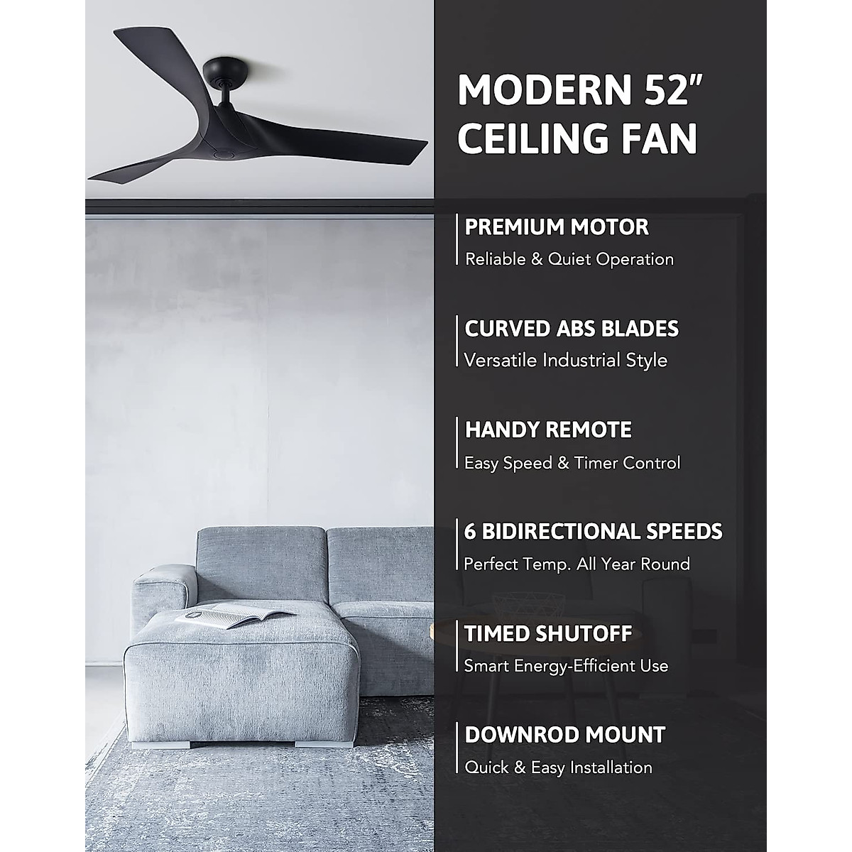 VONLUCE 52" Industrial Ceiling Fan No Light with Remote Control, Mid Century Ceiling Fans with 3 Walnut ABS Blades, Indoor Ceiling Fan for Kitchen Bedroom Living Room, Black