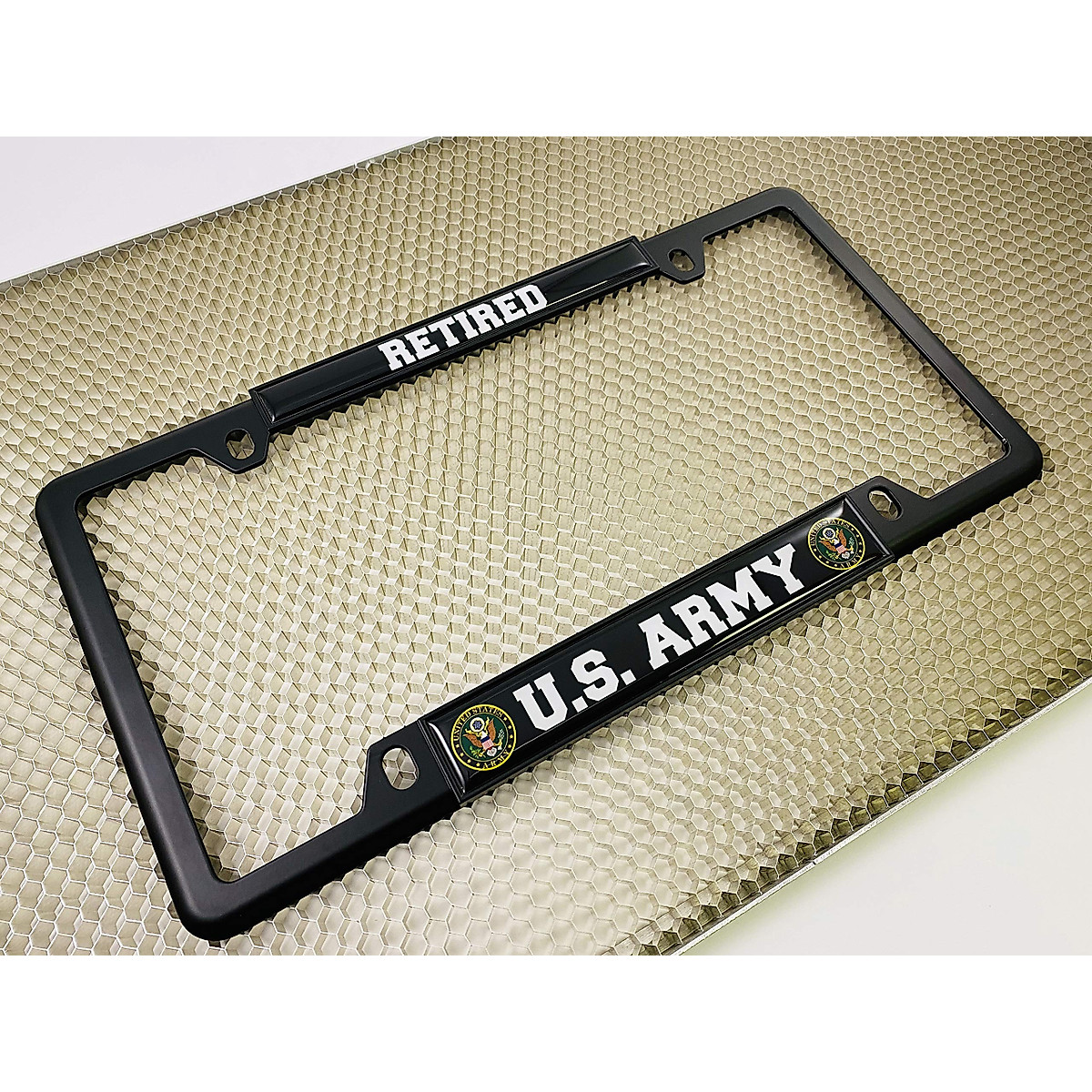 [Officially Licensed Product] - U.S. Army Retired - Domed Custom-Made Personalized Narrow (Thin) Top 4 Hole Metal Car License Plate Frame with Free caps - Black (Quantity: 1 Frame)