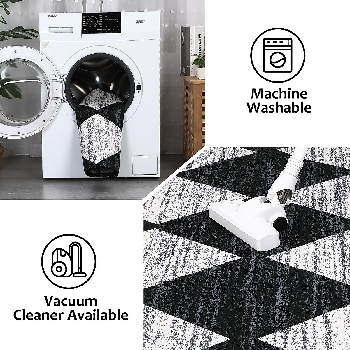 MilleLoom 9x12 Area Rug Washable Rugs Large Checkered Rug Modern Geometric Rug Living Room Rug, Soft Neutral Accent Rugs for Farmhouse Dining Room,Stain Resistant Non-Slip Low-Pile Floor Carpet Black