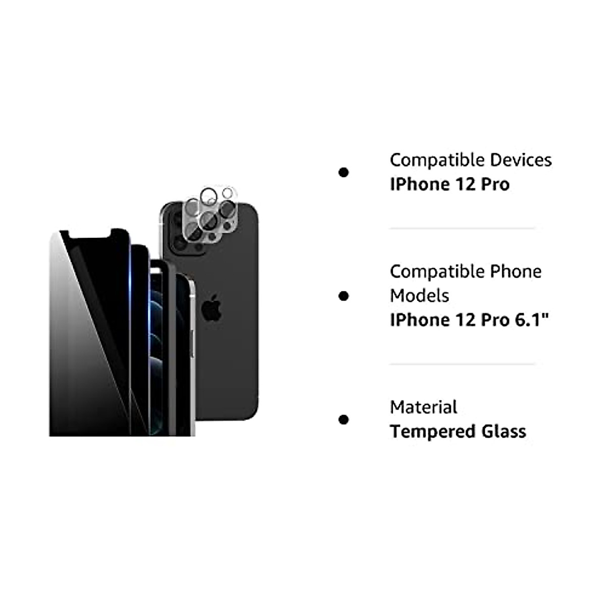 TOCOL 4 Pack Compatible for iPhone 12 Pro (Not for iPhone 12) - 2 Pack Privacy Tempered Glass Screen Protector and 2 Pack Glass Camera Lens Protector Alignment Frame Bubble Free Case Friendly - Black