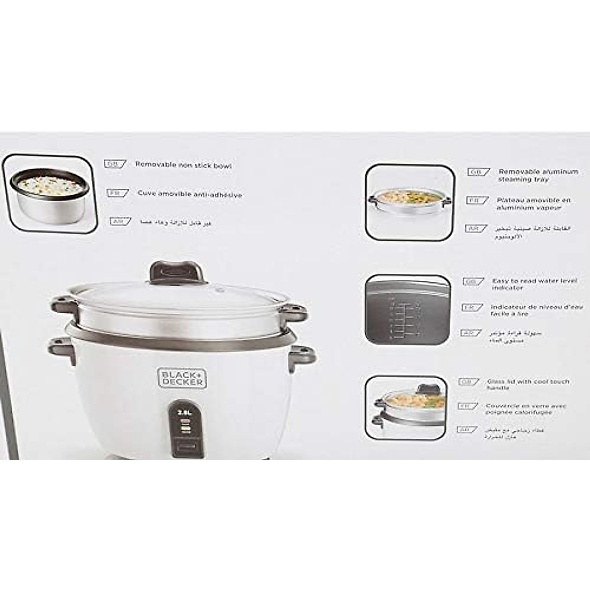 Black & Decker RC2850 1100W 2.8 L 11.8 Cup Rice Cooker (Non-USA Compliant), White, standard