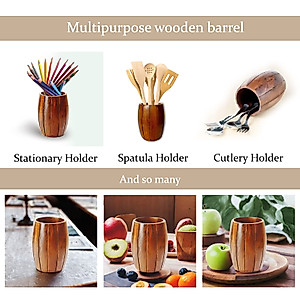 americancomfy Utensil Holder for Kitchen Counter Wooden Large Round Utensils Holder Barrel-Shape Multipurpose Utensil Storage Organizer Countertop Kitchen Utensil for christmas gift