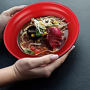 Mimorou 8 Sets Japanese Style Ramen Bowls Melamine Udon Noodle Bowls Red and Black Large Pho Bowls Asian Chinese Soup Bowl Sets