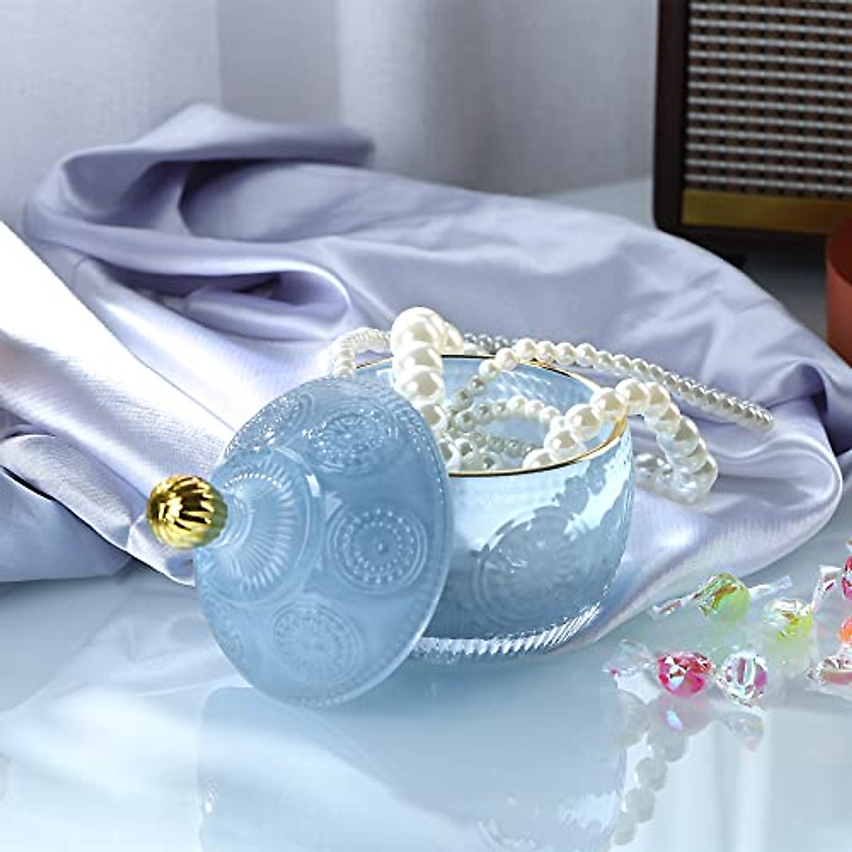 Joeyan Blue Decorative Glass Jars with Lid,Small Glass Jewelry Box,Embossed Candy Dish Candy Jar,Mini Colored Glass Canister for Nuts Chocolates Candy Buffet Display and Home Wedding Decoration,6 oz