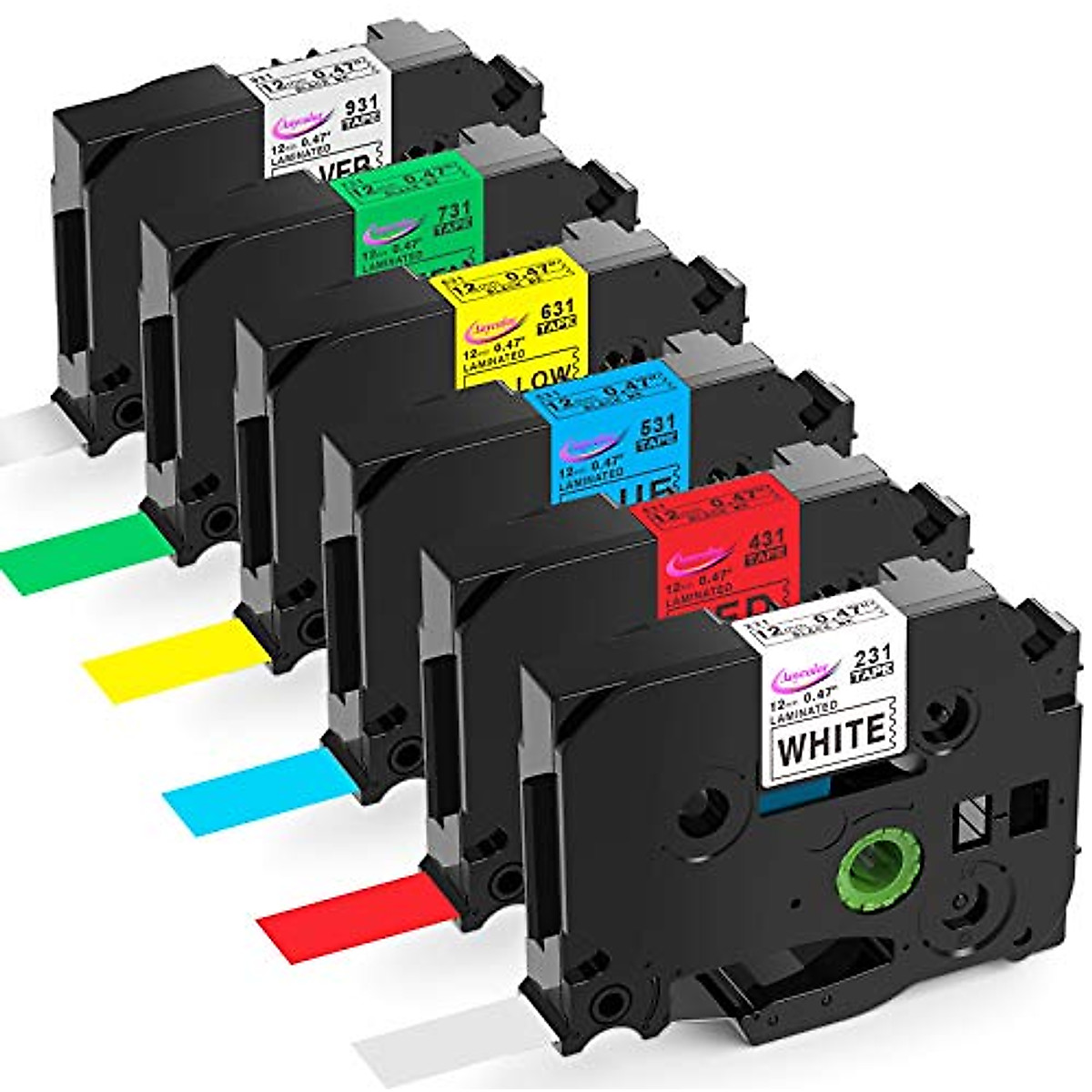6 Pack Compatible with Brother P Touch 12mm 0.47 Inch Laminated TZ Label Maker Tape TZe TZ Label Tape for Brother Ptouch PT-D220 PT-D210 PT-H110 PT-D410 D600, White/Silver/Red/Blue/Yellow/Green