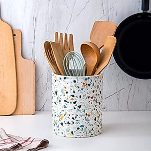 LEAZUL Kitchen Utensil Holder,7.2″Extra Large Stable Terrazzo Marble Pattern Ceramic Utensil Crock,Utensil Organizer for Countertop,Kitchen Decor,Utensil Holder for Housewarming,Wedding Gift Blue