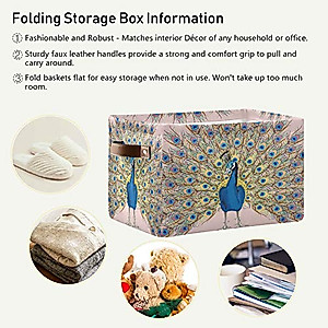 STAYTOP Large Storage Basket Peacock Painting Collapsible Toy Storage Bins Waterproof Laundry Basket with Handle,Used for Home Closets, Offices, Bedrooms 1PCS