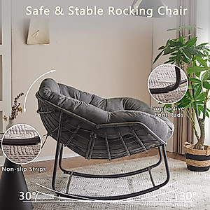 YDcosyfy Papasan Rocking Chair with Thick Cushion, Indoor Outdoor Comfy Patio Chair with Upgraded Steel Frame Oversized Wicker Lounge Chair for Front Porch, Garden, Bedroom, Living Room,Grey