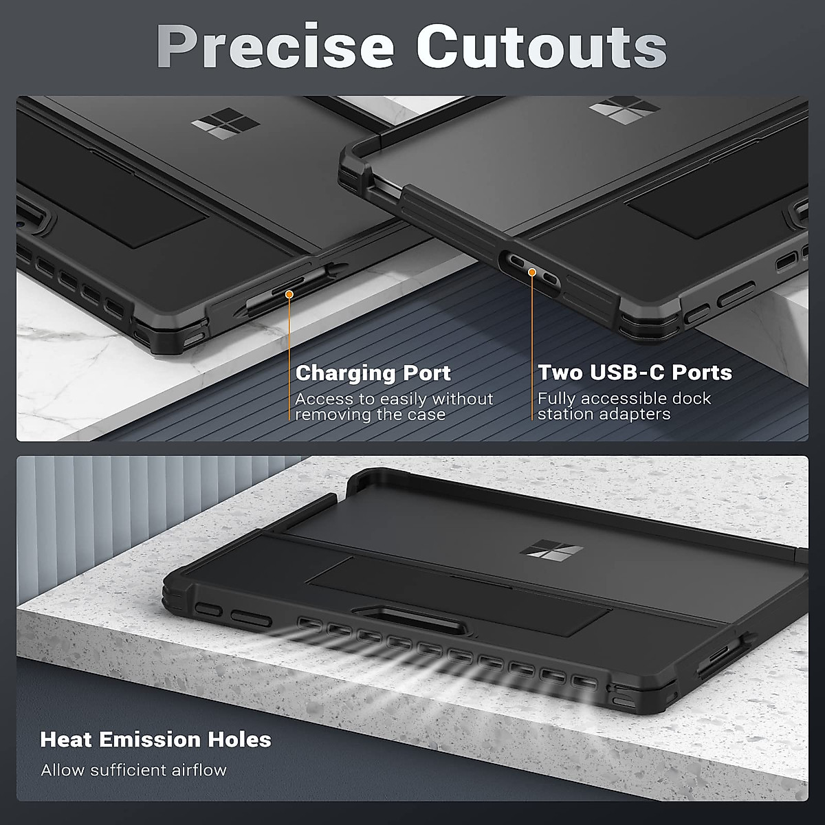 MoKo Case Compatible with Microsoft Surface Pro 11, Surface Pro 10, Surface Pro 9 13 Inch, All-in-One Protective Rugged Cover with Hand Strap, Compatible with Type Cover Keyboard, Black