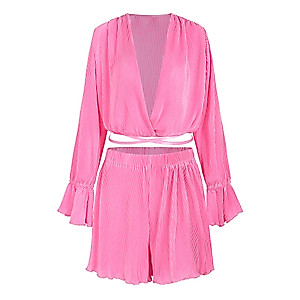 ZAFUL Women 2 Piece Pants Set Long Sleeve Plisse Wrap Crop Top Criss Cross Tie Shirt High Waist Pants Outfits Streetwear Pink