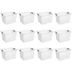 Sterilite Large 16 x 13 x 10 Inch, Plastic Deep Ultra Storage Basket Tote with Contoured Handles for Home and Office Organization, White (12 Pack)