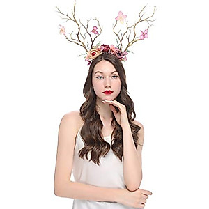 XIDAJIE Deer Antler Flower Crown Headbands Halloween Chritmas Long Antler Flower Branches Headband Props Horns Headpieces Hair Band Photo Shoot Forest Goddess Headdress Headwear, Light Brown