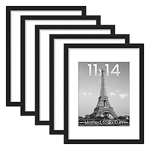 upsimples 11x14 Picture Frame Set of 5, Display Pictures 8x10 with Mat or 11x14 Without Mat, Wall Gallery Photo Frames, Black