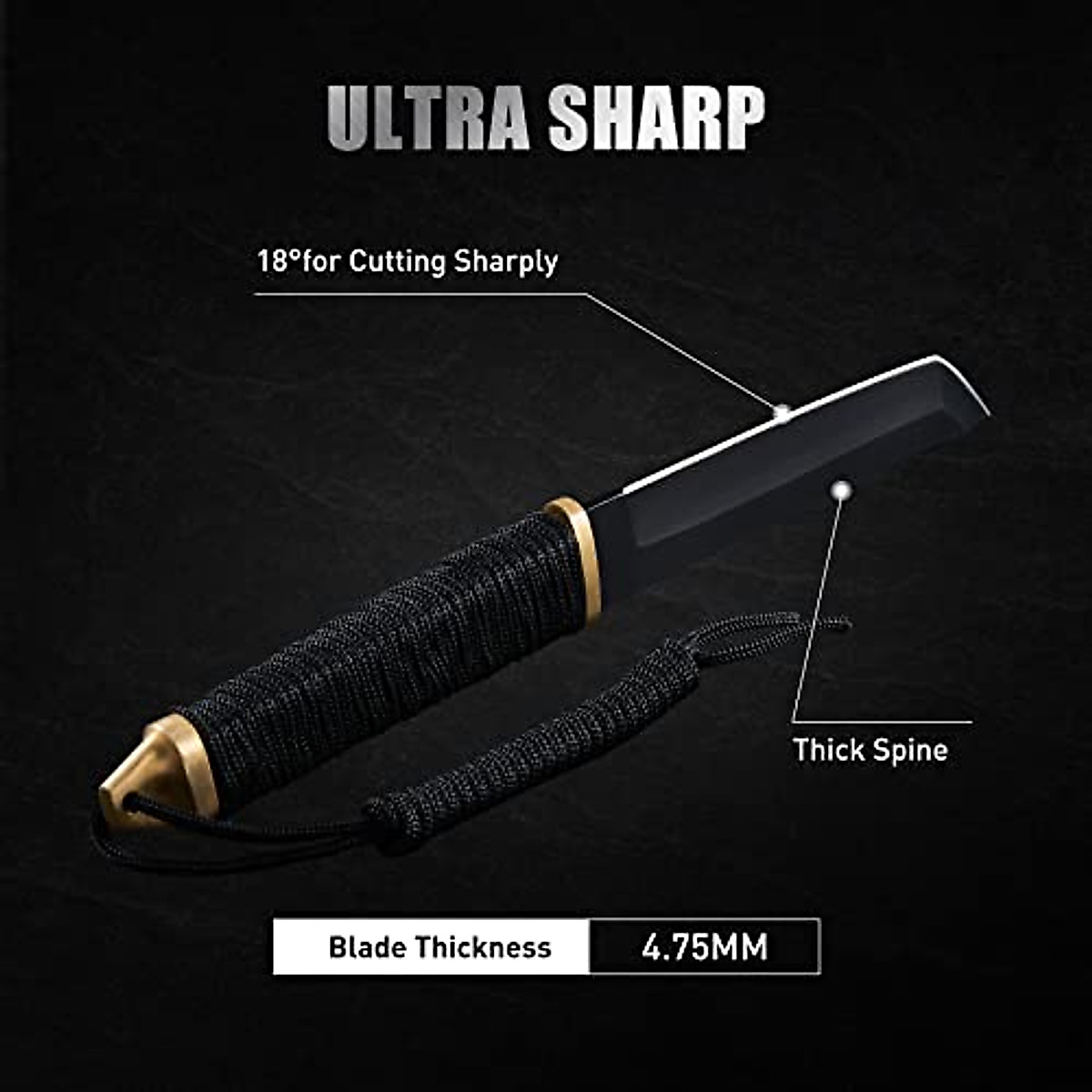 Leopcito 11.5" Japanese Fixed Blade Tactical Knives with Sheath, Stainless Steel Black Survival Hunting Bushcraft Full Tang Tanto Knife with Paracord Handle for Camping, Adventure, EDC, C101BK