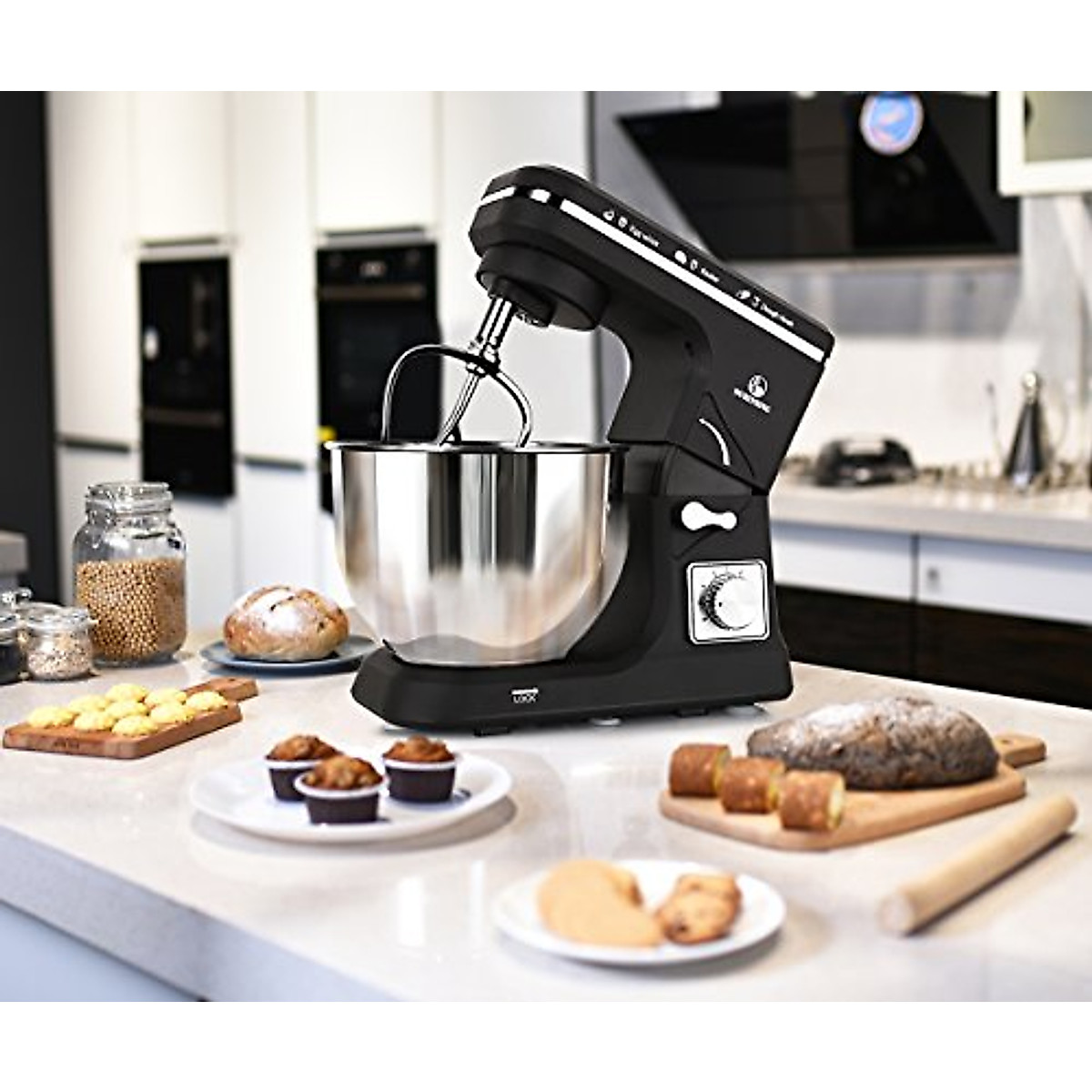 MURENKING Stand Mixer 5.3-Quart 500W,6+P Speed Tilt-Head Kitchen Electric Food Mixers Home Baking Dough Machine with Stainless Steel Bowl,Dough Hooks, Whisk, Beater, Pouring Shield (Black)