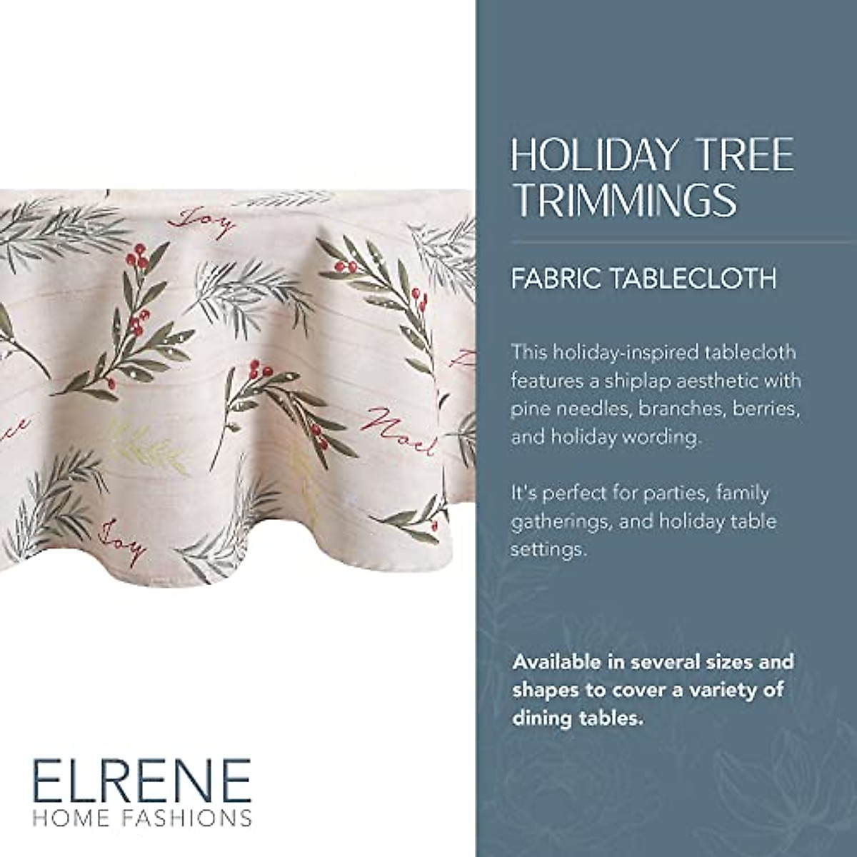 Elrene Home Fashions Holiday Tree Trimmings Fabric Tablecloth, Christmas Tablecloth, 60"X84", Oval