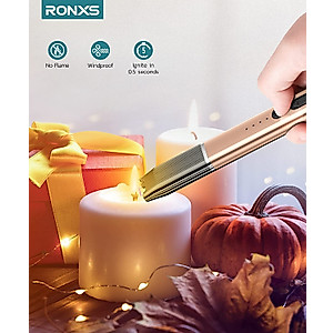 RONXS Electric Lighter, Candle Lighter with Safety Lock Windproof Flamless Arc Rechargeable Long Lighter with Battery Indicator (Black&Champagne 2pcs)