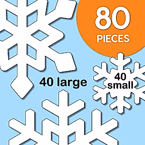 FreshCut Crafts | 80 Pieces Snowflake Paper Cutouts with IDEA Guide, 2-Sided US Made Card Stock Punch Out White Snowflakes for Bulletin Boards, Classroom Decor, and Winter Crafts