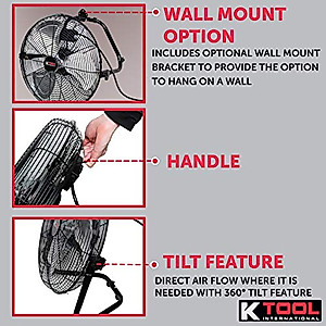 K Tool International 77721; 18” Floor Fan; Commercial, Residential, and Industrial Use, 3 Speed High Velocity Motor, Multiple Angle Tilt for Various Positions, 2,447 Max CFM, 1 Year Warranty, Black