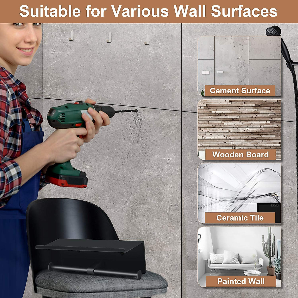 Bjiotun Toilet Paper Holder with Shelf Wall Mounted Toilet Paper Storage, Double Roll Tissue Holder Dispenser Bathroom Toilet Paper Holder (Matte Black)