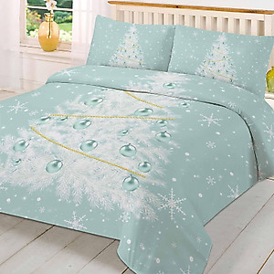 ZOE GARDEN Aqua Christmas Tree Duvet Cover Queen Size Bedding Set, 3 Pieces Washed Patterned Textured Bed Comforter/Quilt Cover with Matching White Snowflakes Xmas Holiday Pillowcases for All Seasons