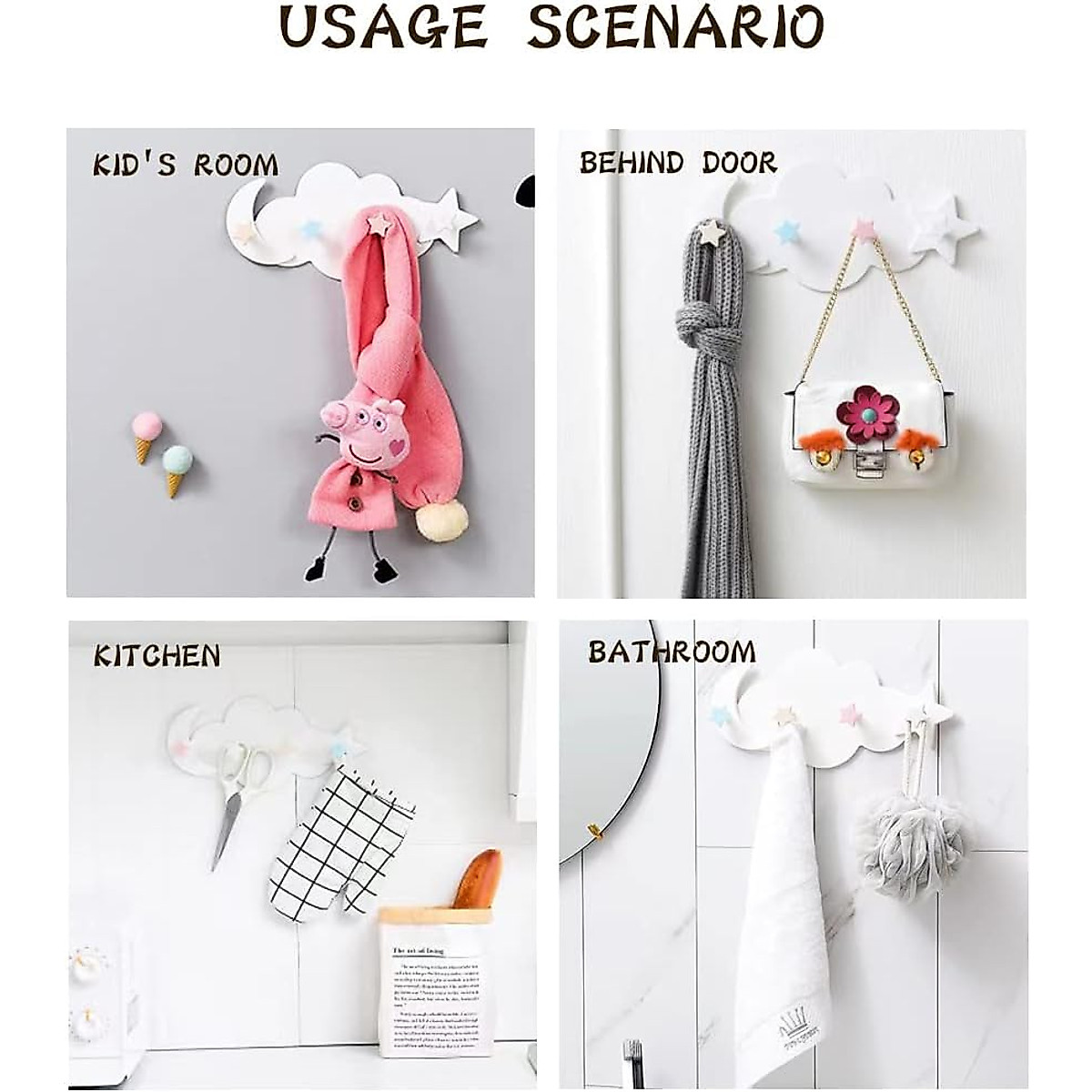 BOSGAS Adhesive Wall Hook for Kids Room,Decorative Wall Mounted Hooks Rack for Hanging Hair Clips,Headwear, Wallets,Hats,and Towels,Kids Coat Hook Rack for Boys and Girls,Easy to Use