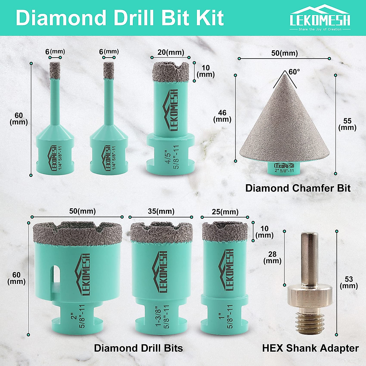 LEKOMESH Diamond Core Drill Bits Set 8pcs Tile Hole Saw Kit for Porcelain Tile Ceramic Marble Brick Concrete with 5/8"-11 Thread(6/6/20/25/35/50mm+50mm Beveling Chamfer Bit+Triangle Shank Adapter)