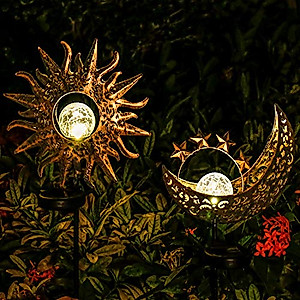 LANNIU Solar Garden Lights, Metal Solar Lights Outdoor Waterproof, Sun and Moon Solar Lights Decorative with Heavy Bulb Base, for Outdoor, Patio, Yard & Garden Decor