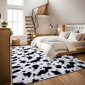 DweIke Super Soft Shaggy Rugs Fluffy Carpets, 3x5 Feet, Cow Print Rug for Living Room Bedroom, Fluffy ​Rug for Girls Kids Room, Shag Plush Rug for Teen Room Decor, Black-White