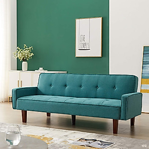 Olela Sofa Bed Convertible Sofa Couch Futon Sleeper Linen Fabric Reclining Sofa with Armrest Wood Legs for Living Room Furniture (Green)