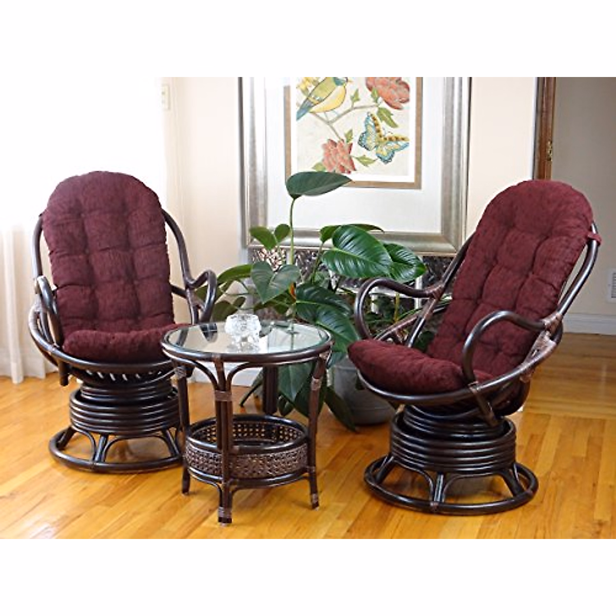 Lounge Swivel Rocking Java Chair Natural Rattan Wicker Handmade with Dark Brown Cushion, Dark Brown
