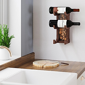 Rustic State Blanc Wall Mounted Wood Vertical Wine Rack and Cork Storage Holder Shelf Organizer for 3 Bottles - Home, Kitchen, Dining Room Bar Décor - Walnut