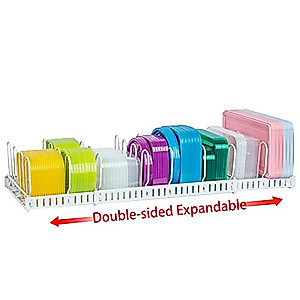 Double-side Expandable Food Container Lid Organizer,Super Large Capacity Adjustable 12 Dividers Detachable Lid Organizer Rack for Countertop,Cabinets, Cupboards, Pantry Shelves, Drawers(White)
