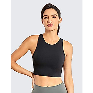 CRZ YOGA Women's High Neck Longline Sports Bra - Padded Racerback Yoga Bra Crop Tank Top with Built in Shelf Bra Black Medium