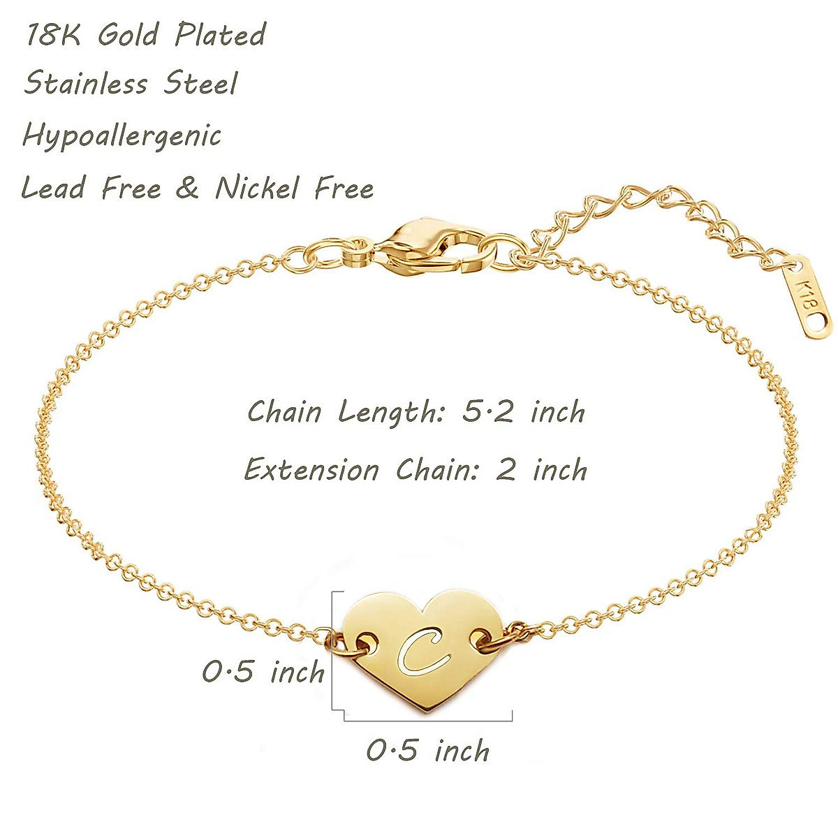 Heart Initial Bracelet 18K Gold Plated Stainless Steel Lovely Heart Charm Bracelet Dainty Small Letter Bracelet Personalized Monogram Name Bracelet for Women