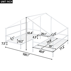 Merax Metal Double Twin Size Triangular House Beds with Built-in Table, White