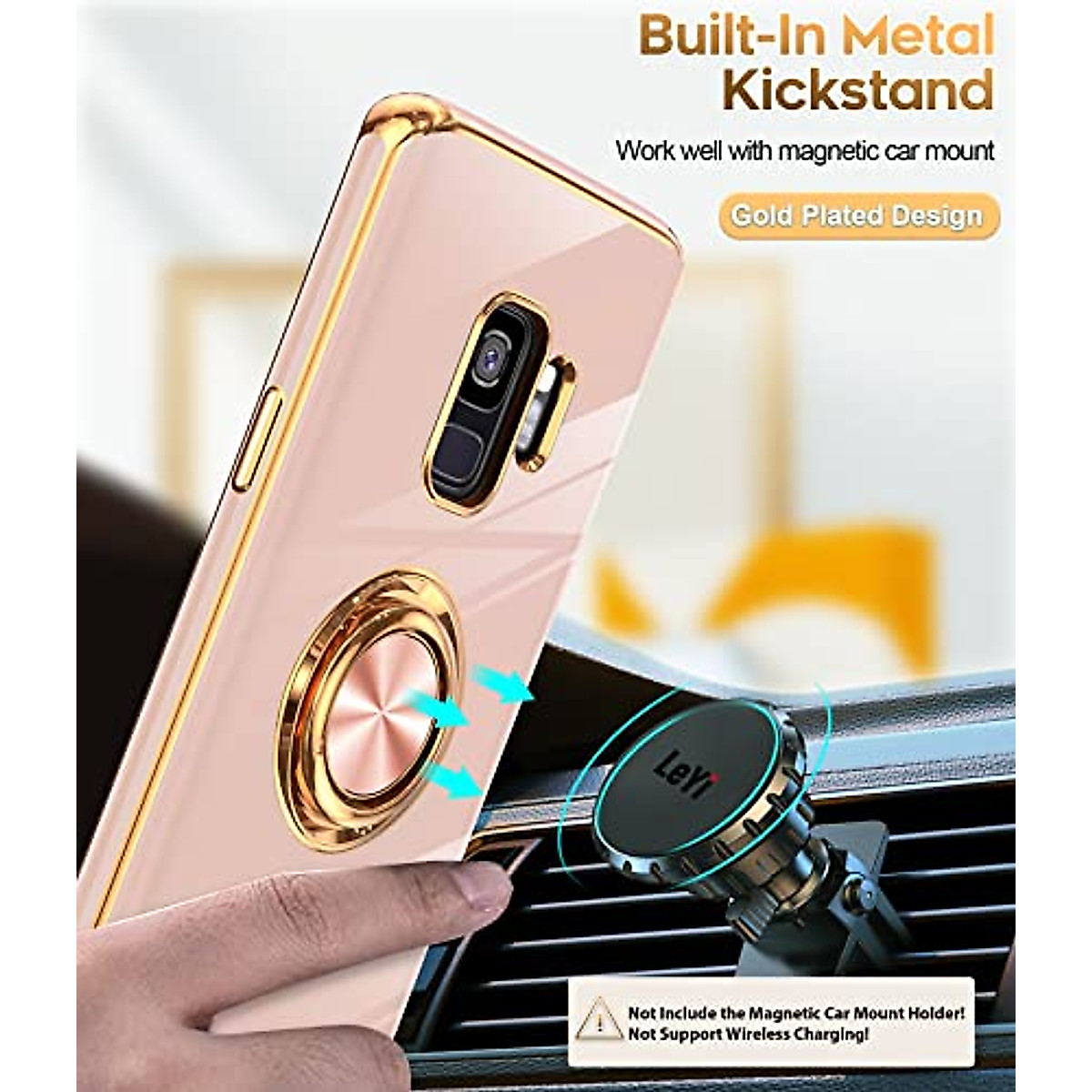 LeYi for Samsung Galaxy S9 Case with 360° Rotatable Ring Holder Magnetic Kickstand, Plating Rose Gold Edge Protective Case for Women and Girls, Pink
