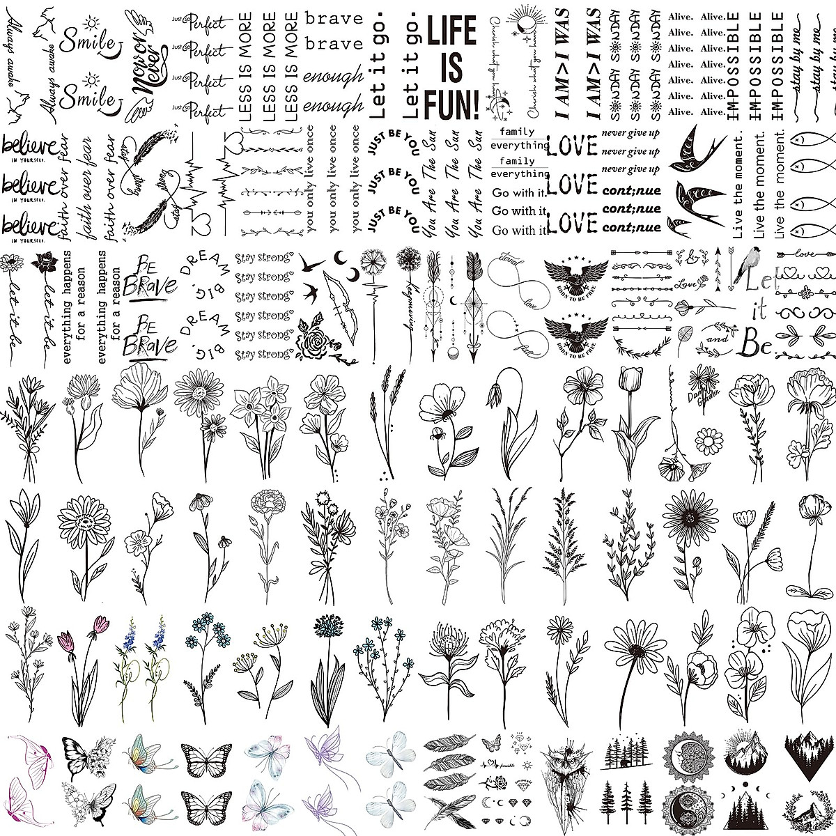 JEEFONNA Realistic Temporary Tattoos, 100 Sheets 240+ Pcs Tiny Fake Tattoos, Include 40 Sheets Inspirational Words Tattoo, 60 Sheets Butterflies Owls Feathers Hills Trees Wild Floral Flower Temporary Tattoos Stickers for Women Adult Kids (Bigger Size)