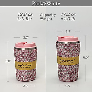 Cupcupmore 12 oz Bling Pink&White Rhinestone Stainless Steel Coffee Tumbler,Shiny Travel Insulated Coffee Mug with Lid, Reusable Spill Proof Coffee Cup,Portable Thermal Mug for Hot and Cold