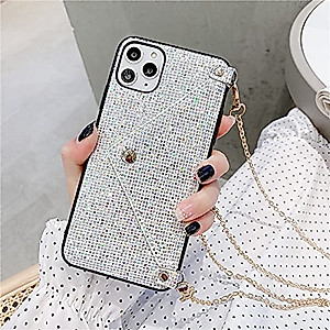 Wow Case Series Compatible with iPhone 13 Pro Max Case 6.7 Inch Released 2021, with Card Holder, Crossbody Chain, Shockproof Protective Bumpers Phone Cover Defender (Glitter Shining White Silver)
