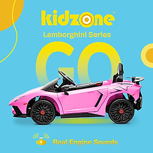 Kidzone Kids Electric Ride On 12V Licensed Lamborghini Aventador Battery Powered Sports Car Toy with 2 Speeds, Parent Control, Sound System, LED Headlights & Hydraulic Doors - Pink