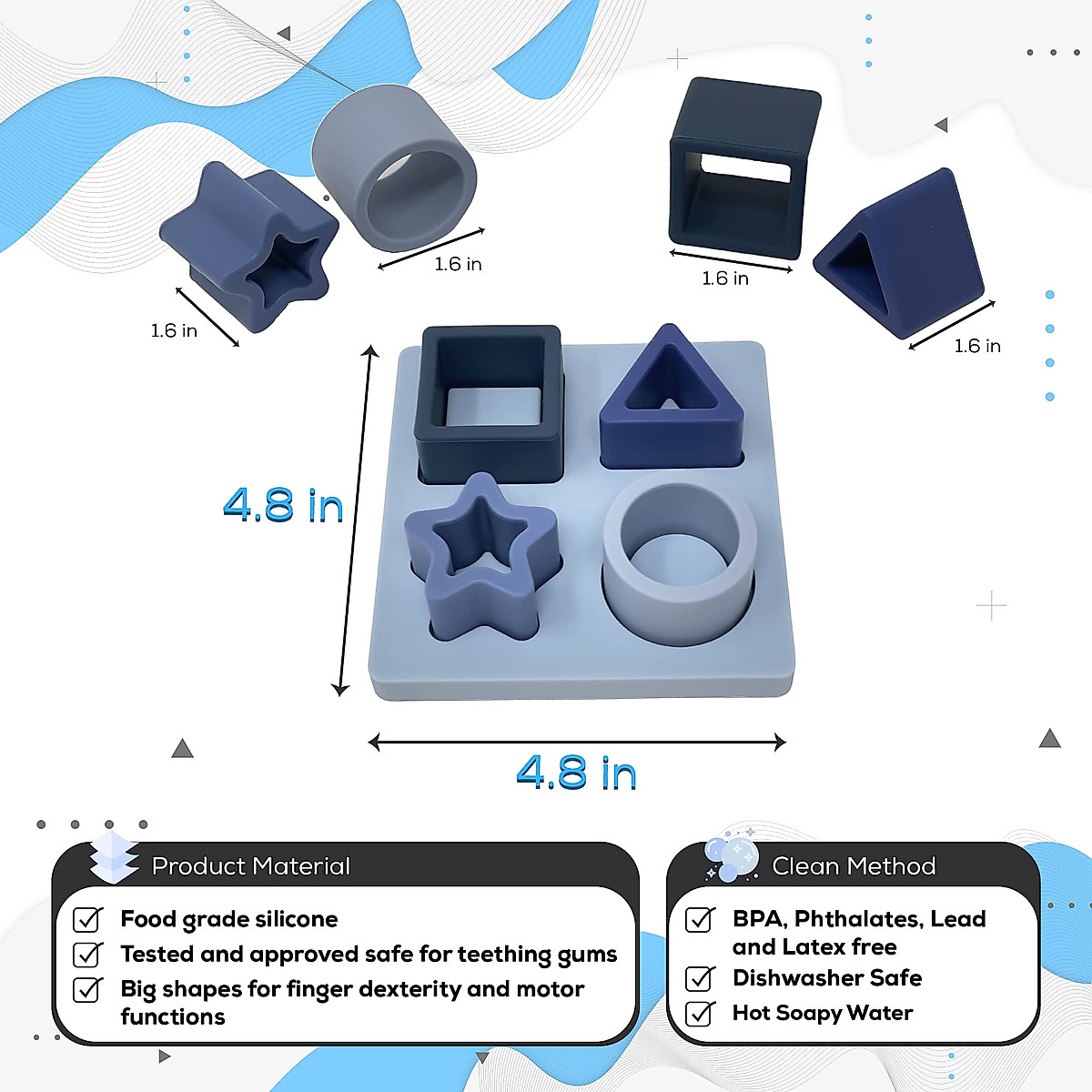 BraveJusticeKidsCo. Early Education Silicone Baby Puzzle | Stacking Building Blocks Toddler Toys (Blue)